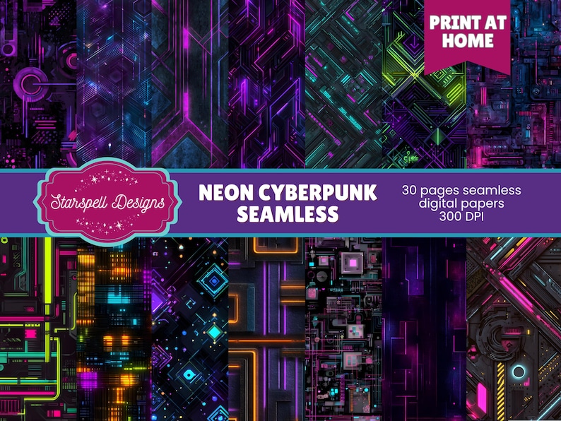 Neon Cyberpunk Seamless Patterns | 30 Futuristic Glow Digital Papers ...