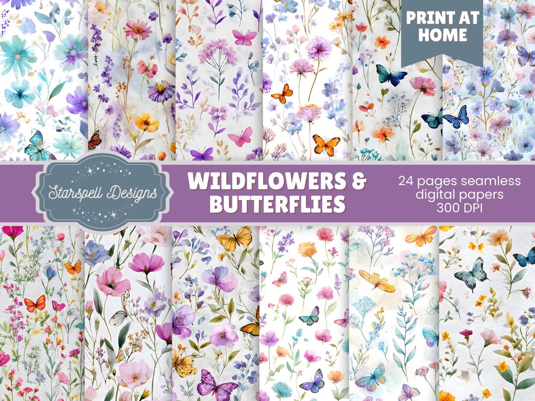 Wildflowers & Butterflies Seamless Patterns | 24 Watercolor Botanical ...