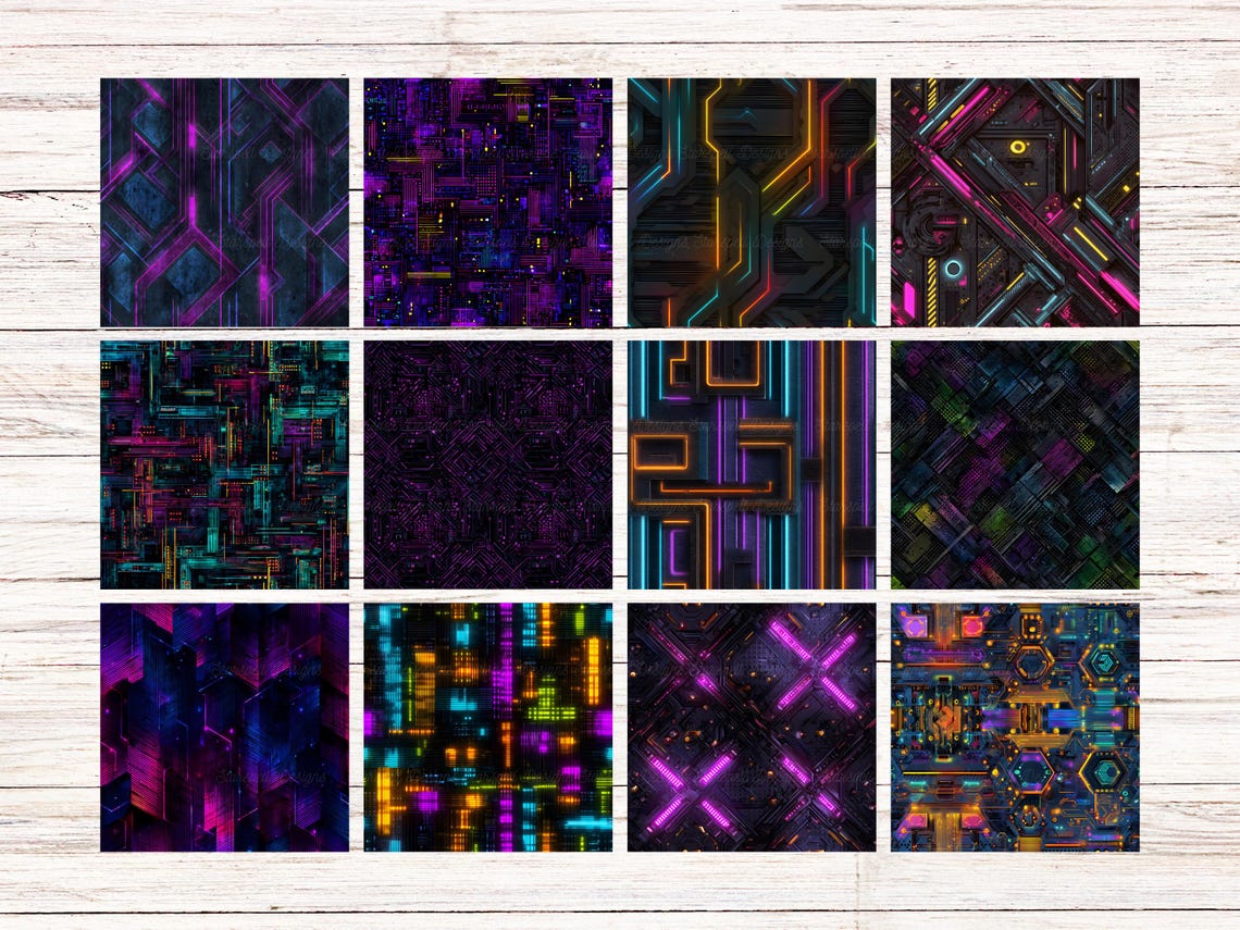 Neon Cyberpunk Seamless Patterns | 30 Futuristic Glow Digital Papers ...