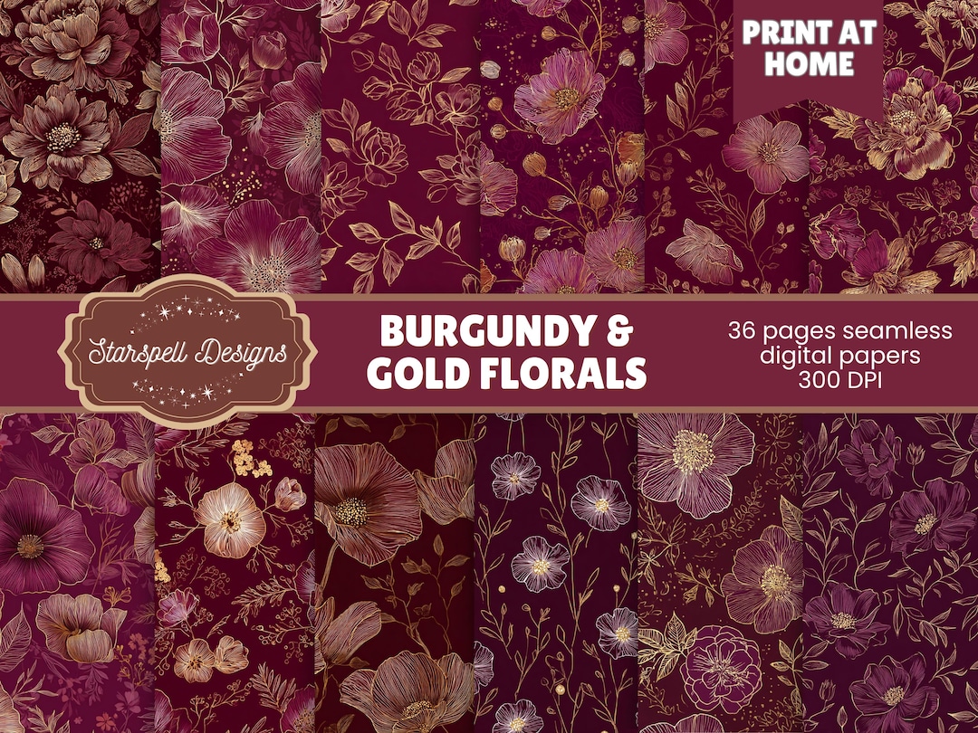 Gold & Burgundy Floral Seamless Patterns | Luxury Digital Papers for ...