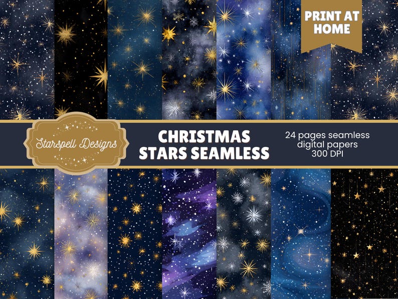 Christmas Night Sky Stars Seamless Patterns | 24 Festive Celestial ...