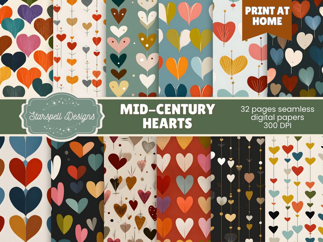 Mid-century Modern Hearts Seamless Patterns | 32 Retro Heart Digital ...