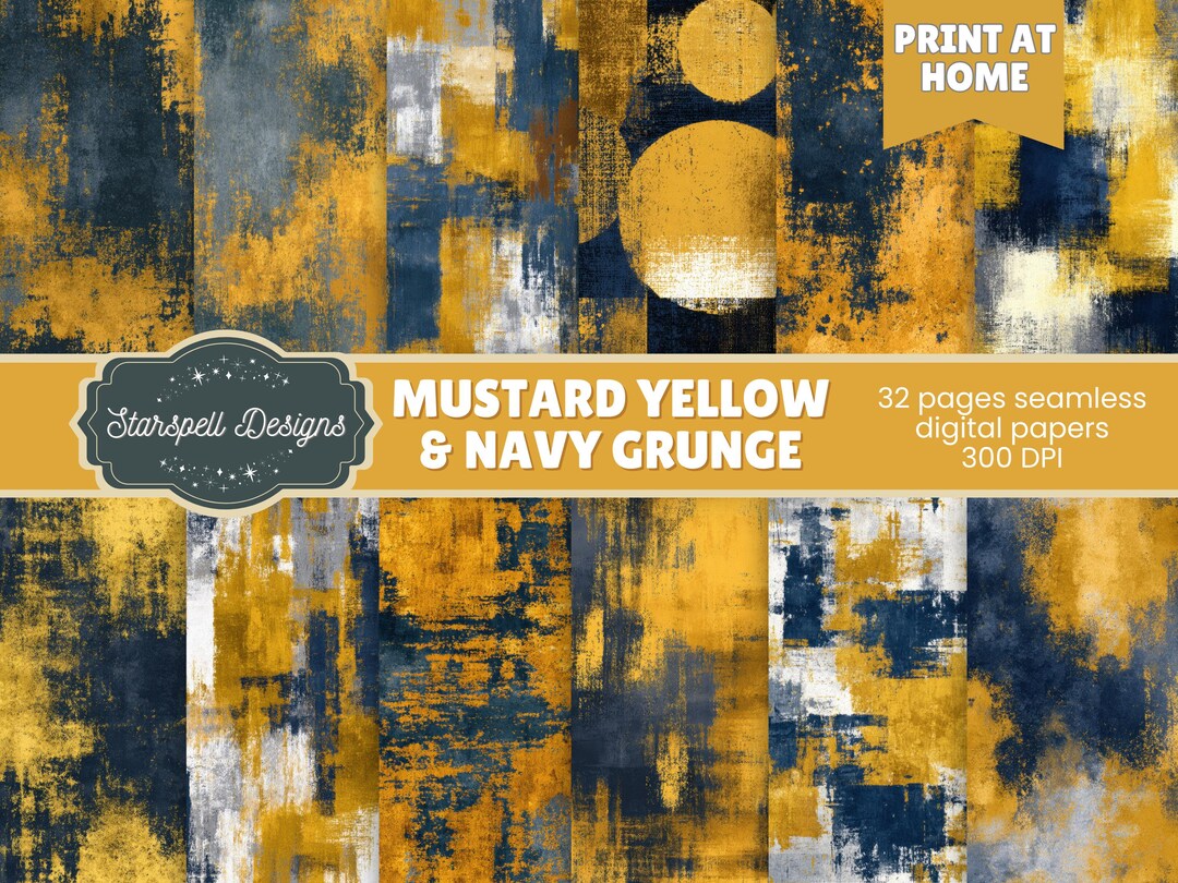 Mustard Yellow & Navy Grunge Seamless Patterns | Digital Textured ...