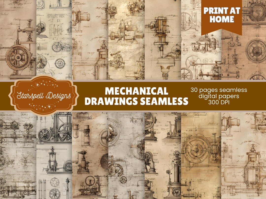 Vintage Mechanical Drawings Seamless Patterns | 30 Industrial Blueprint ...