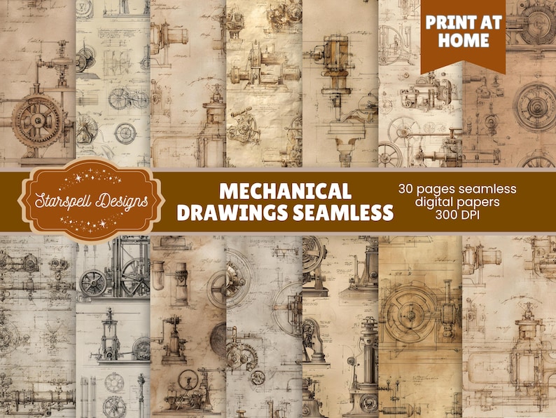 Vintage Mechanical Drawings Seamless Patterns | 30 Industrial Blueprint ...