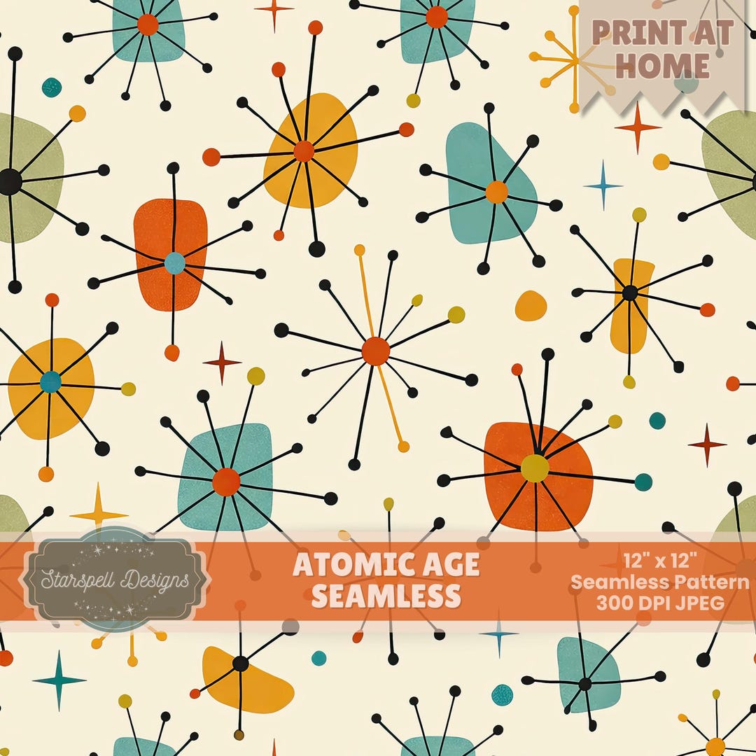 Atomic Age Mid Century Modern Seamless Pattern | Retro Starburst Atomic ...