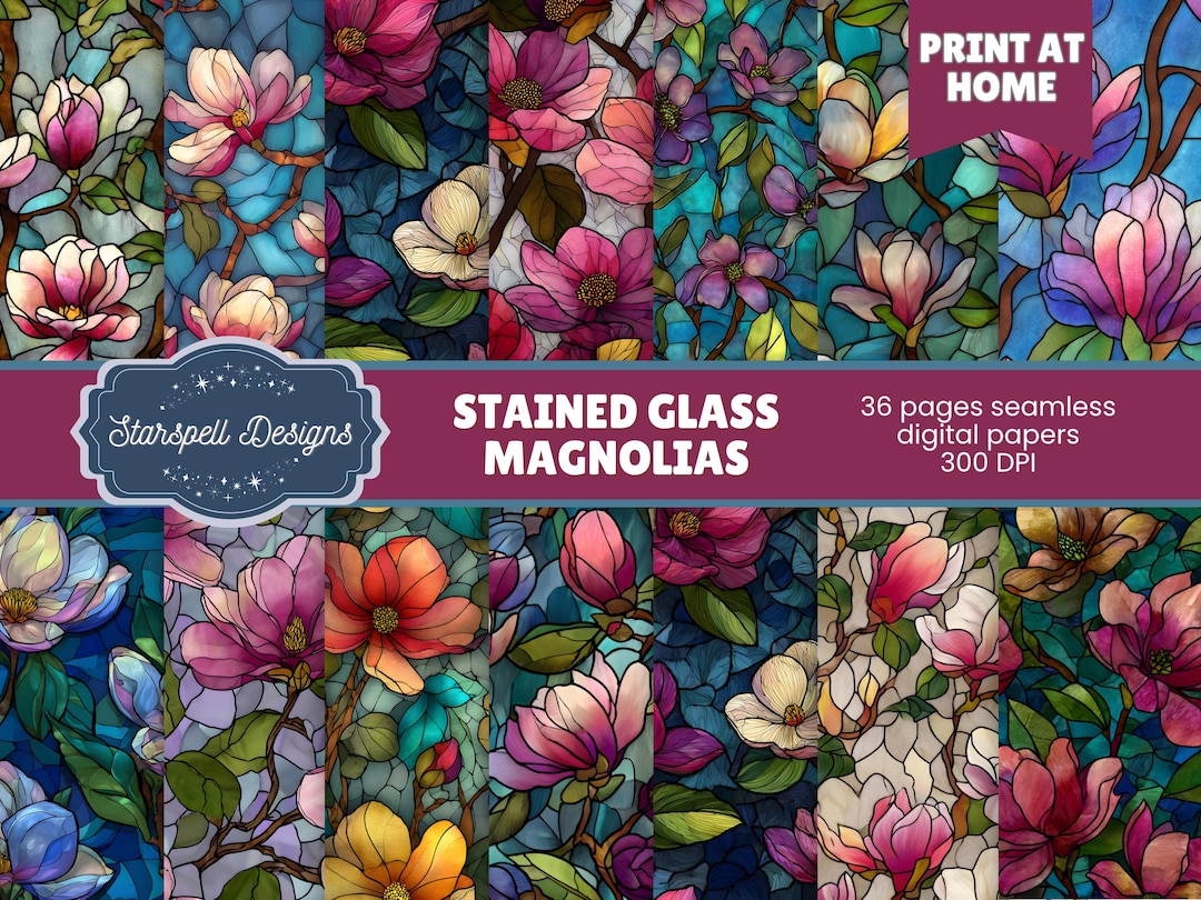 Stained Glass Magnolias Seamless Papers | 36 Floral Glass Texture ...