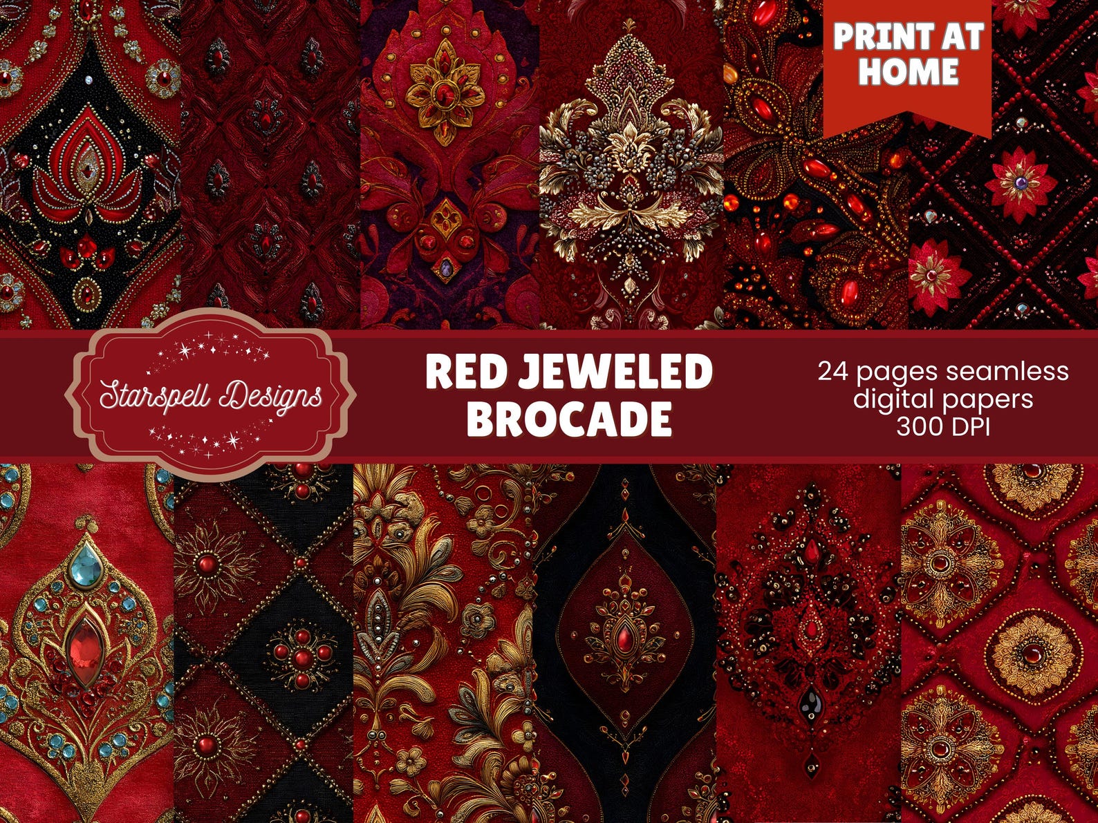 Red Jeweled Brocade Seamless Patterns | 24 Ornate Luxury Digital Papers ...