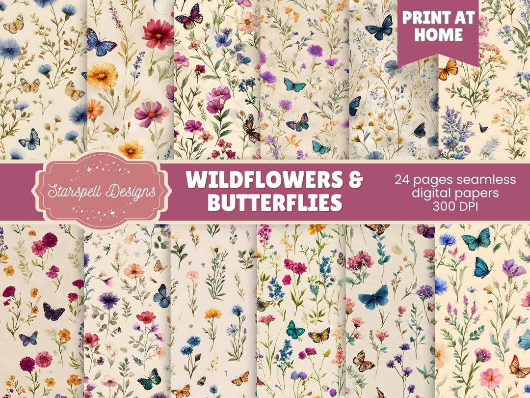 Wildflowers and Butterflies Cream Seamless Patterns | 24 Botanical ...
