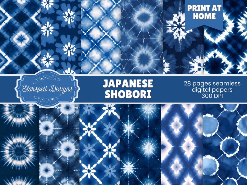 Japanese Shibori Digital Papers, Indigo Tie-dye (28 Seamless Patterns ...