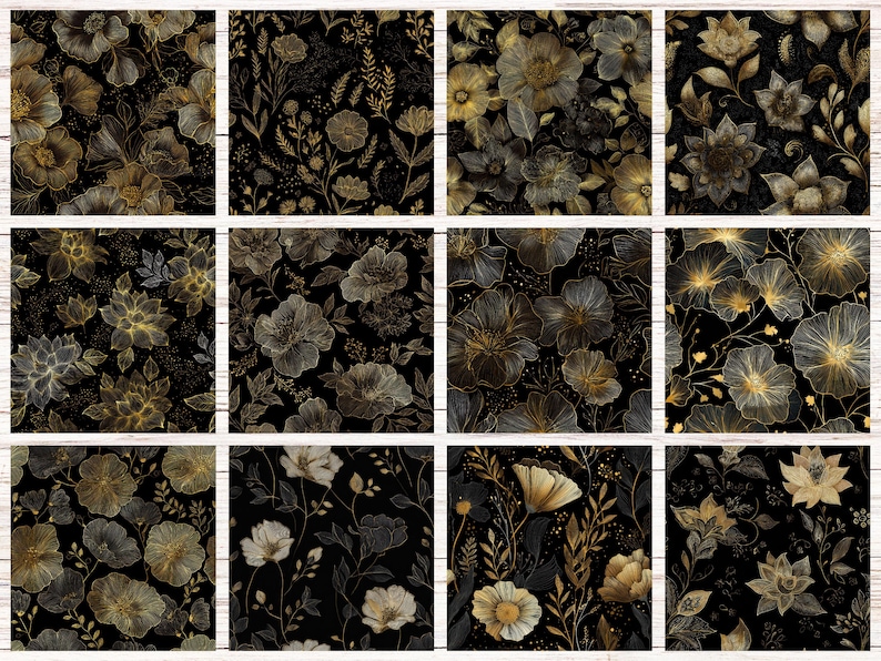 Black & Gold Floral Seamless Patterns | 36 Luxe Elegant Digital Papers ...