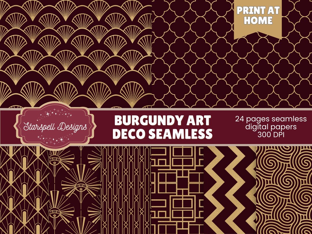 Vintage Burgundy Gold Digital Papers, Art Deco Patterns (24 Seamless ...