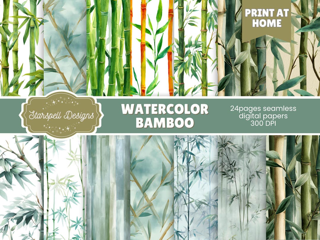 Vintage Botanical Papers Digital, Green Bamboo Watercolor Seamless ...