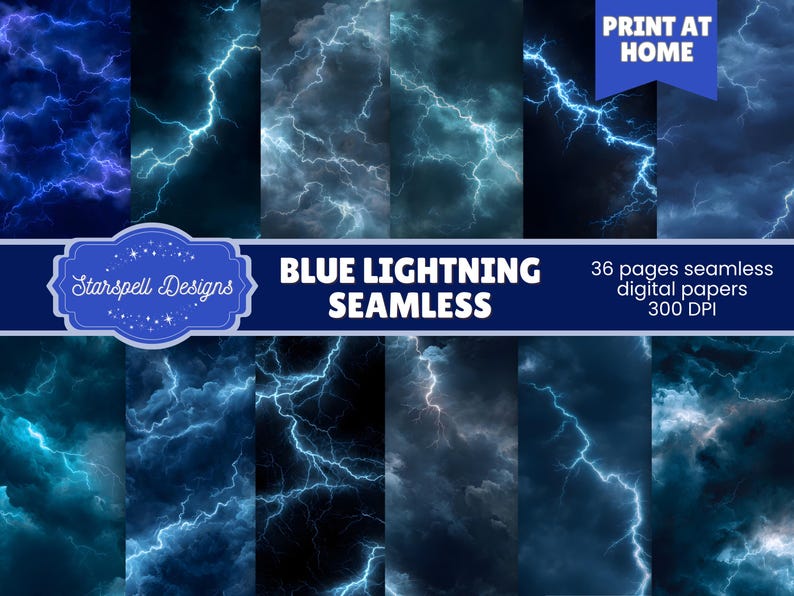 Blue Lightning Seamless Patterns | 36 Electric Storm Digital Papers ...