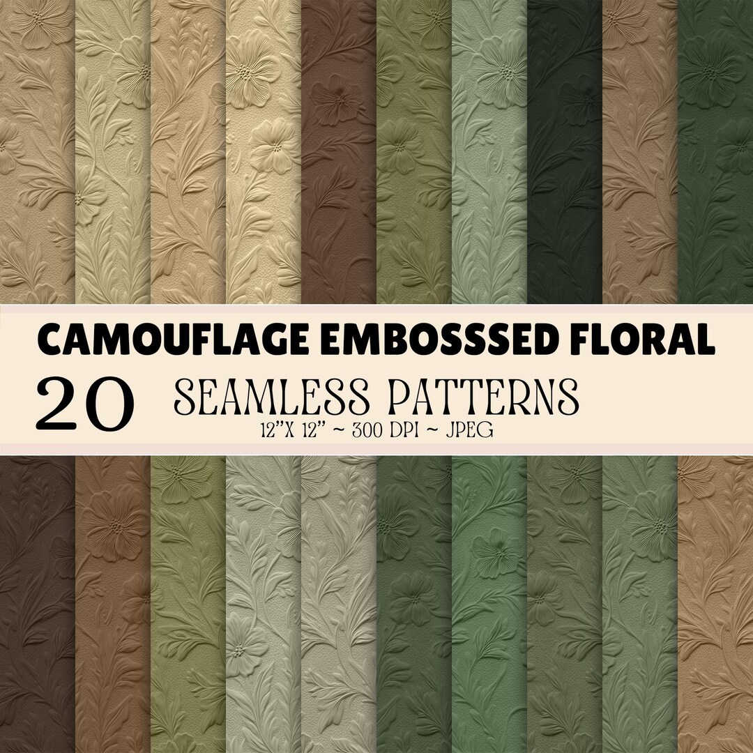Camouflage Embosssed Floral Seamless Pattern Bundle, Embossed Botanical ...