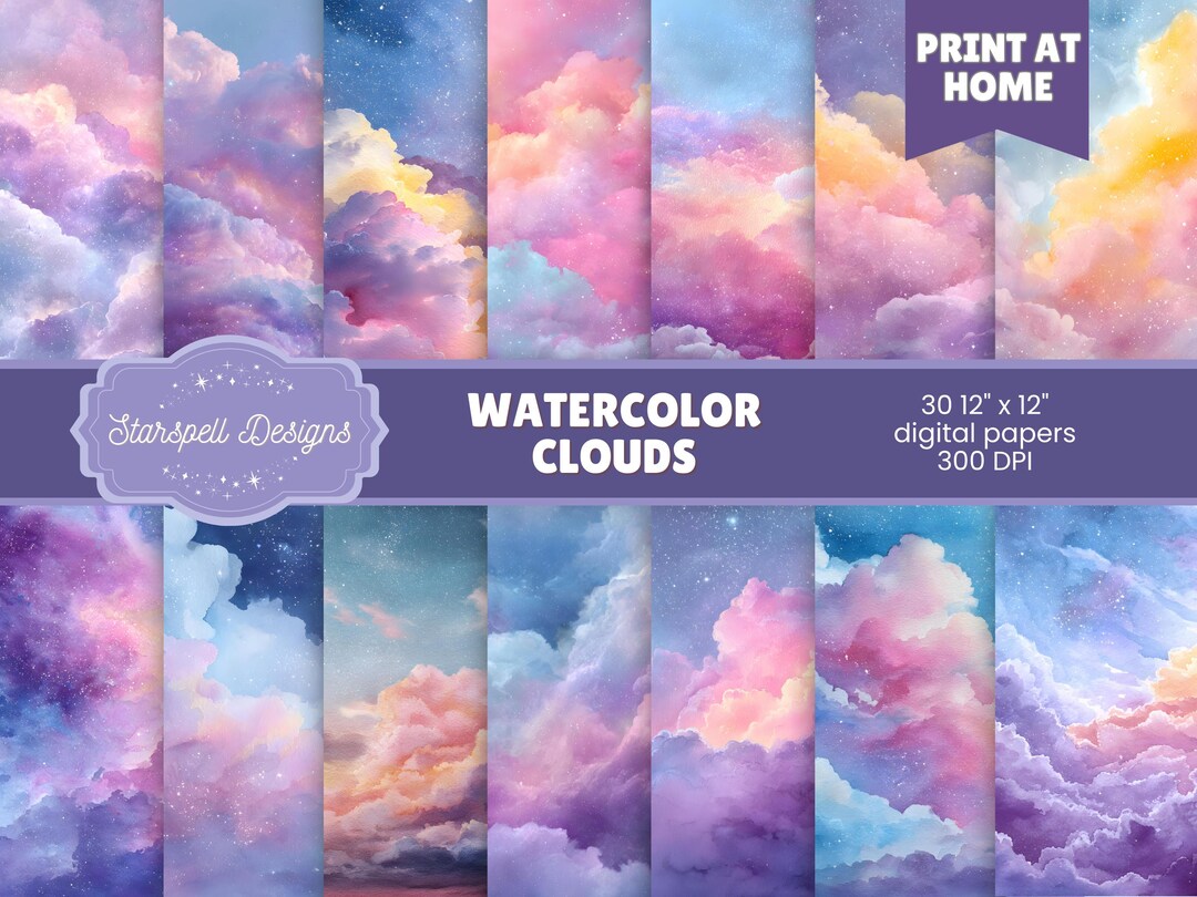 Celestial Digital Papers | Watercolor Sky Clouds Backgrounds for ...