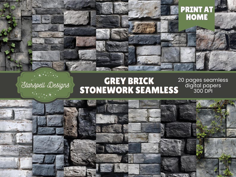 Grey Brick Stone Wall Textures: Seamless Digital Papers (12x12", 300 ...