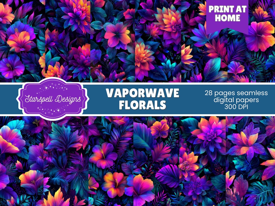 Vaporwave Floral Seamless Patterns | 28 Retro Neon Digital Papers for ...