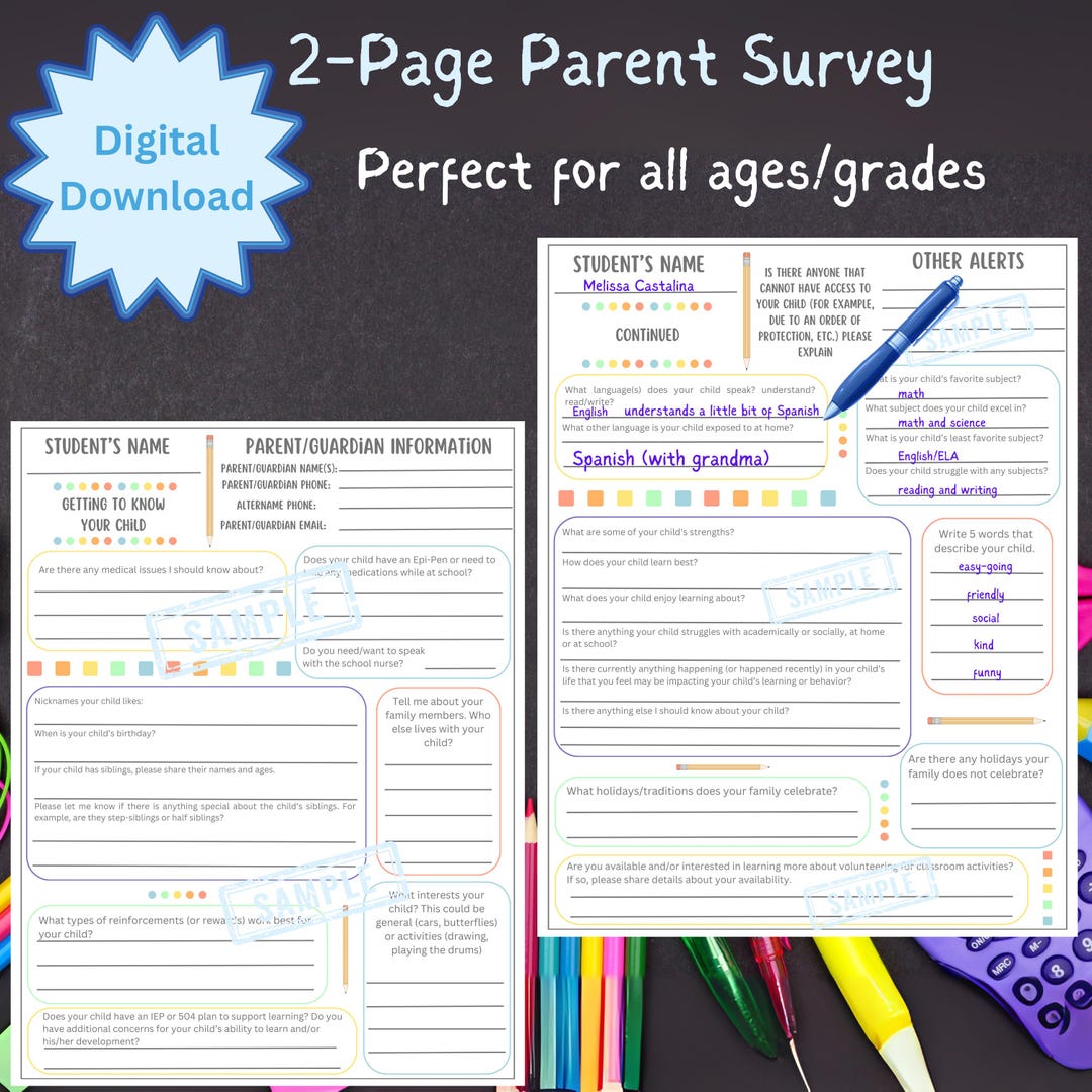 Printable Back to School Family Survey, Teacher Tool, Getting to Know ...