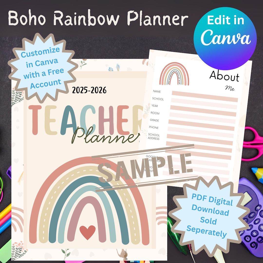 Editable 2025 - 2026 Boho Rainbow Teacher Planner Canva Template ...