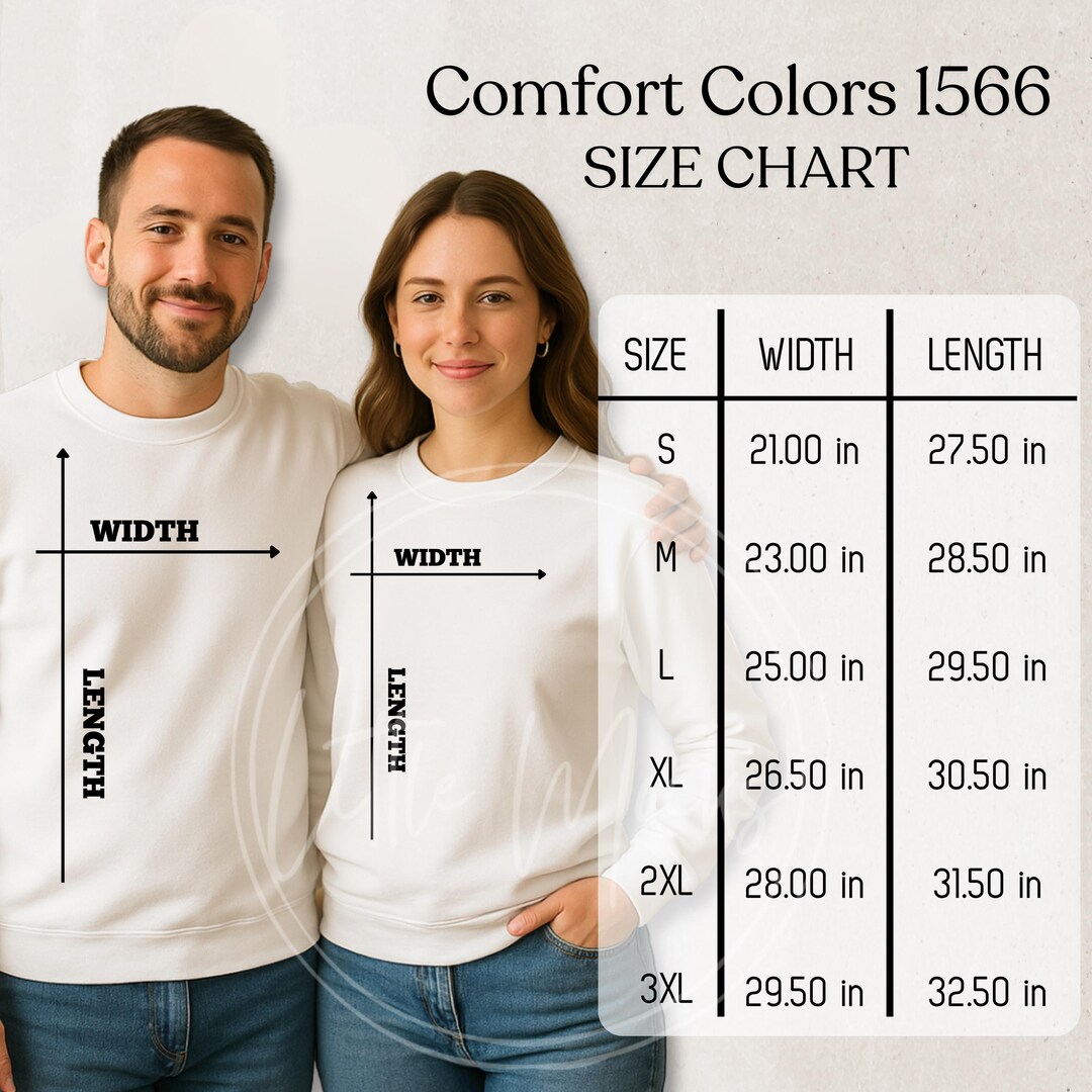 Comfort Colors 1566 Size Chart Mockup: Unisex Crewneck Sizing Guide ...