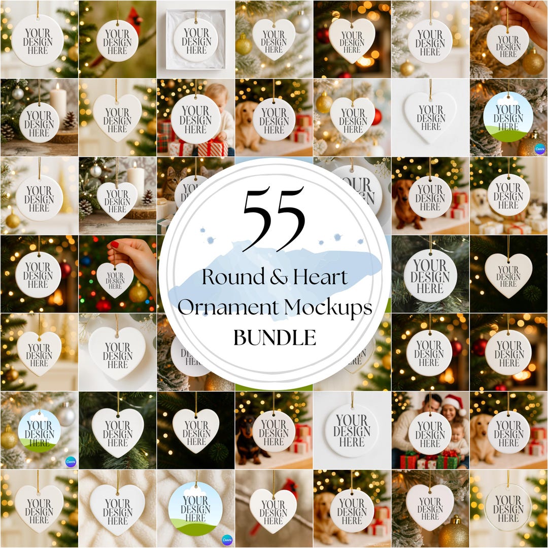 55X Christmas Ornament Mockup Bundle: Round and Heart White Ceramic ...