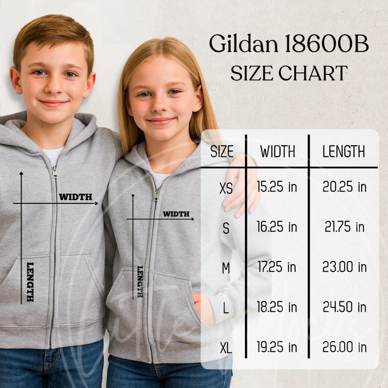 Gildan 18600B Size Chart Mockup: Unisex Youth Heavy Blend Zipped Hoodie ...