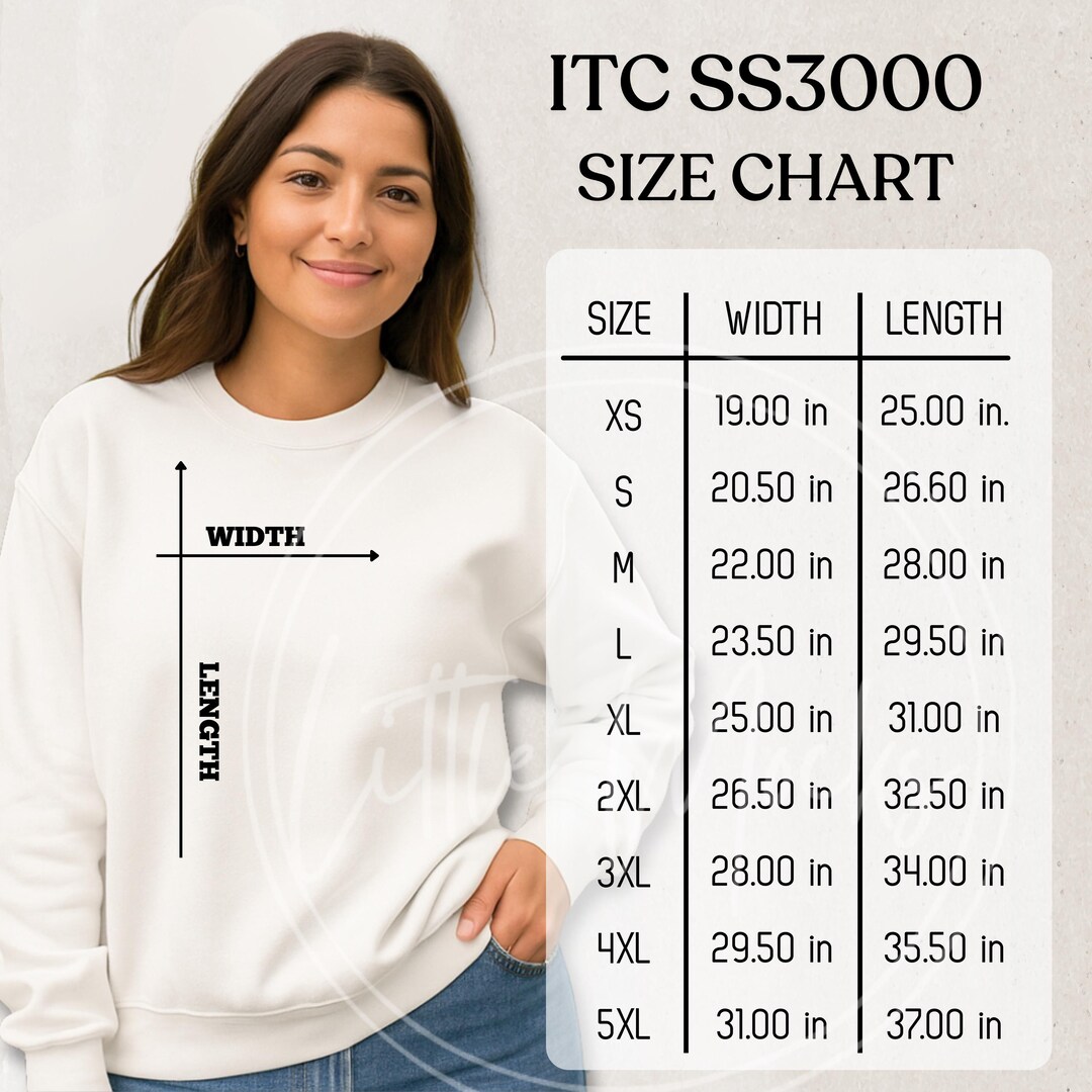 ITC SS3000 Size Chart Mockup: Independent Trading Company Unisex Crew ...