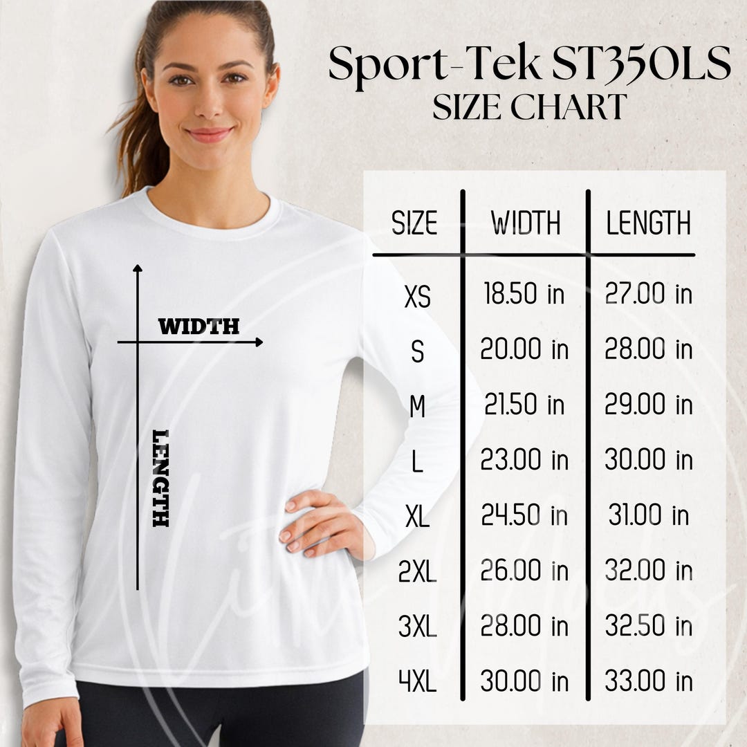 Sport-tek ST350LS Size Chart Mockup: Womens Lightweight Long Sleeve Tee ...