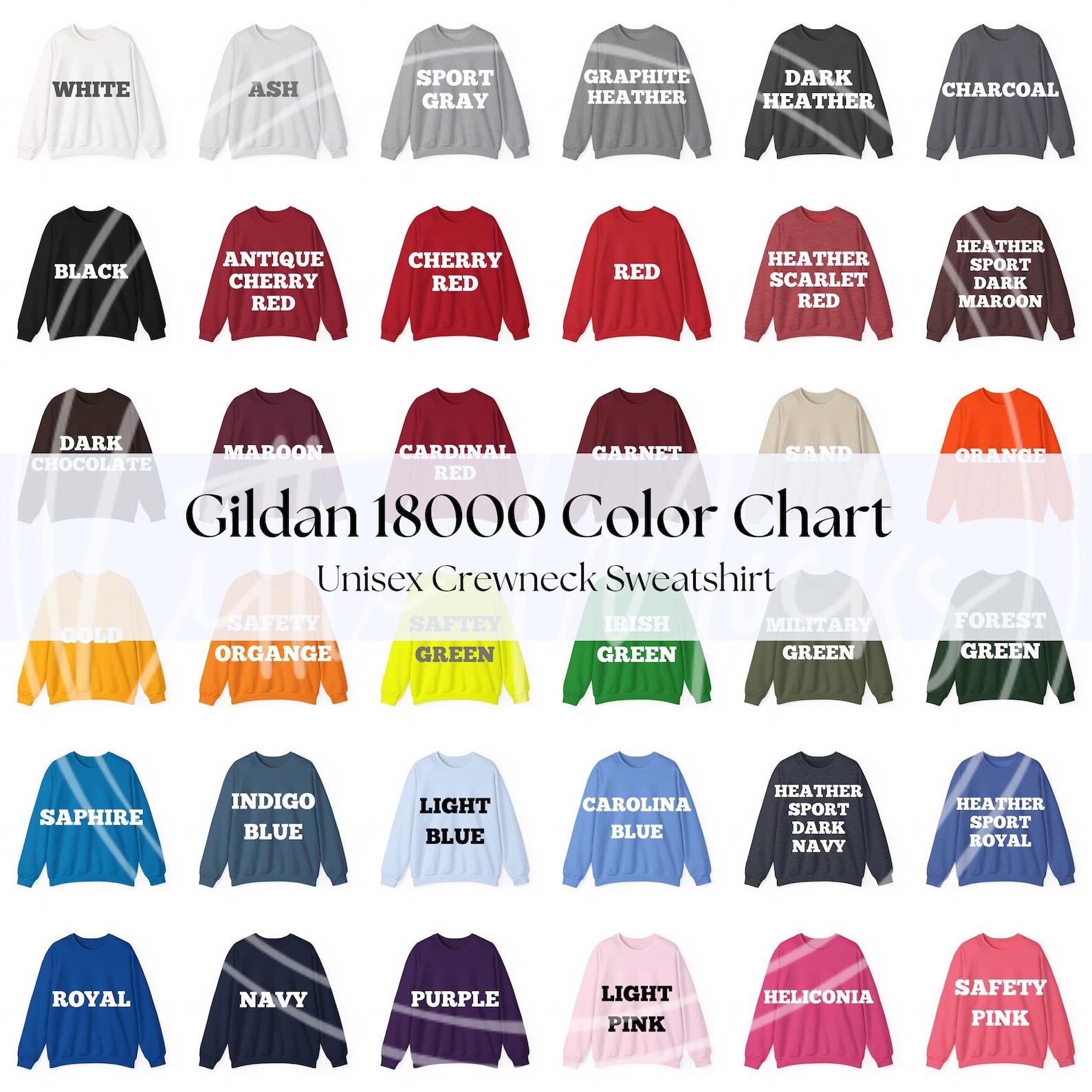 Gildan 18000 Color Chart: Unisex Crewneck Sweatshirt Fabric Swatches ...