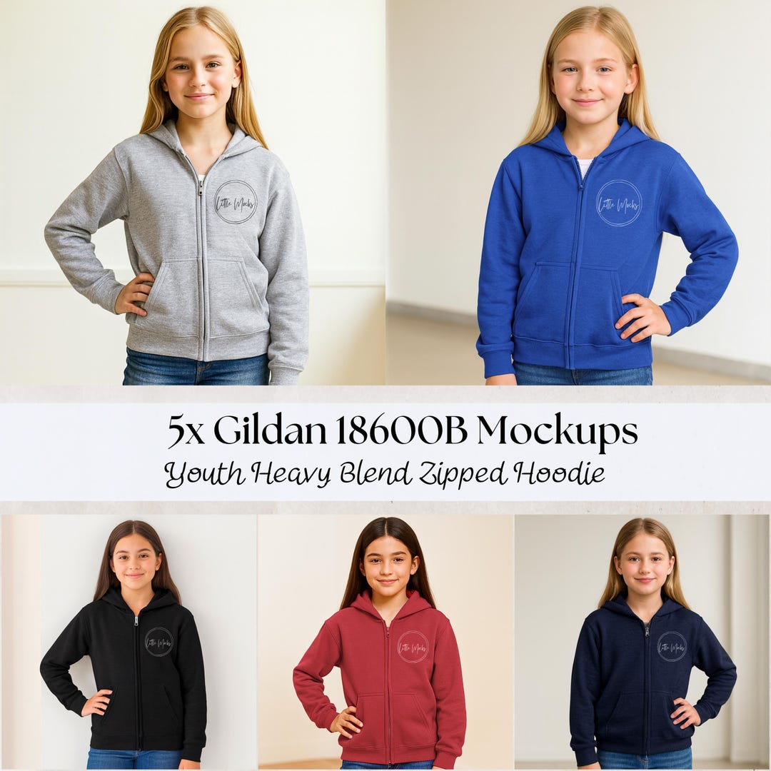 Gildan 18600B Mockup Bundle: Youth Girls Heavy Blend Zipped Hoodie ...