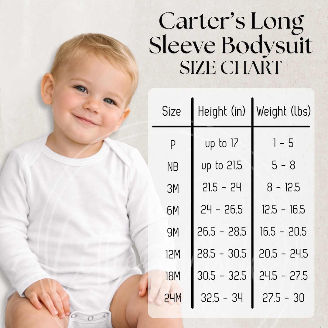 Carter's Long Sleeve Bodysuit Size Chart Mockup: Baby Unisex Onesie ...