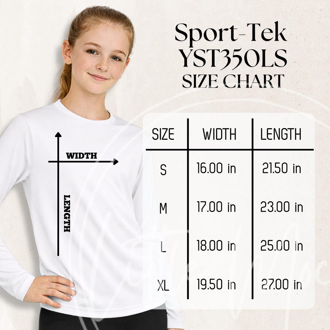 Sport-tek YST350LS Size Chart Mockup: Girls Youth Long Sleeve ...