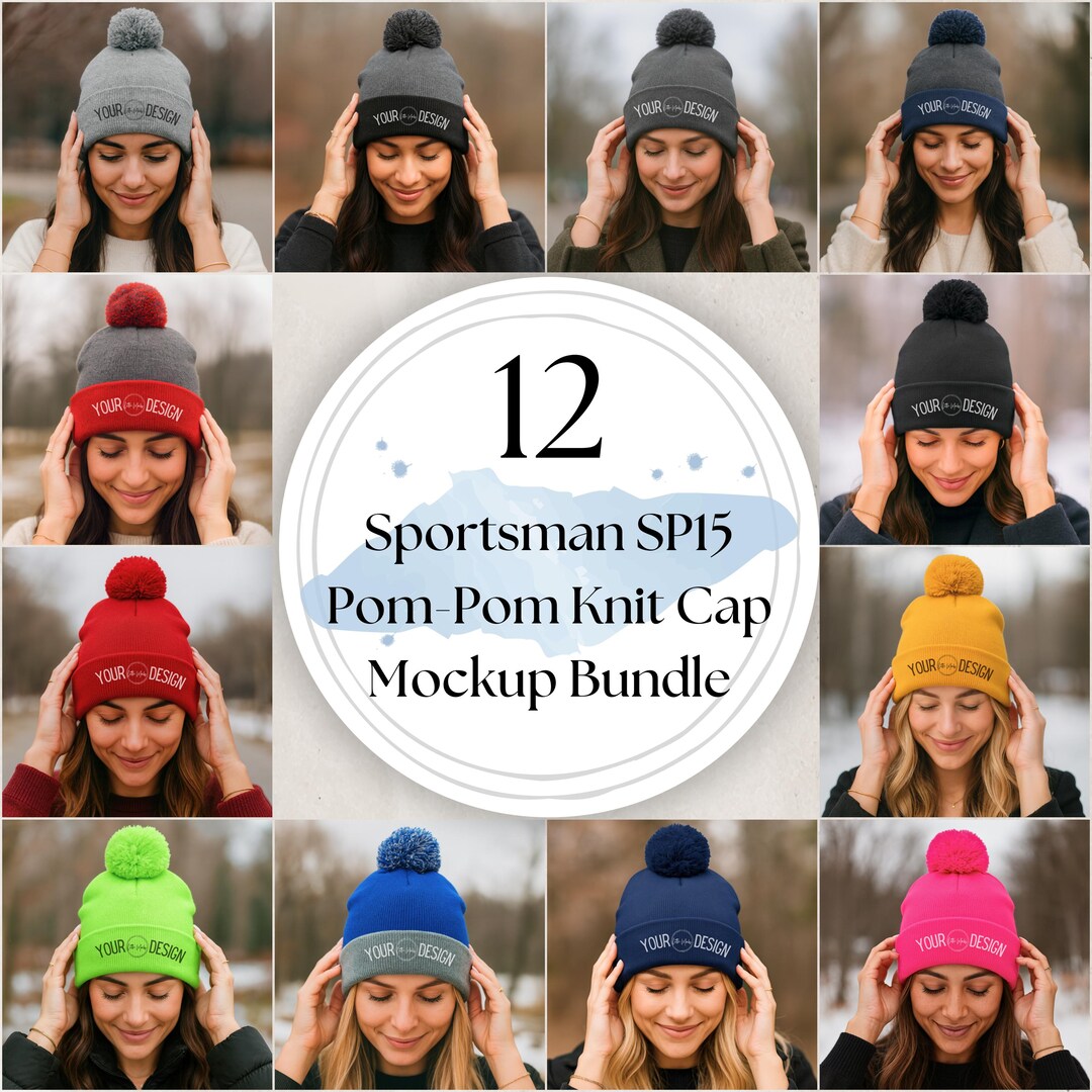 Sportsman Pom Pom Knit Cap Mockup Bundle: SP15 Pom-pom Beanie Hat ...