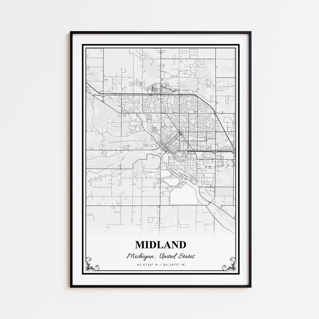 Midland Map Print, Midland Michigan Wall Art Poster, Midland Custom ...