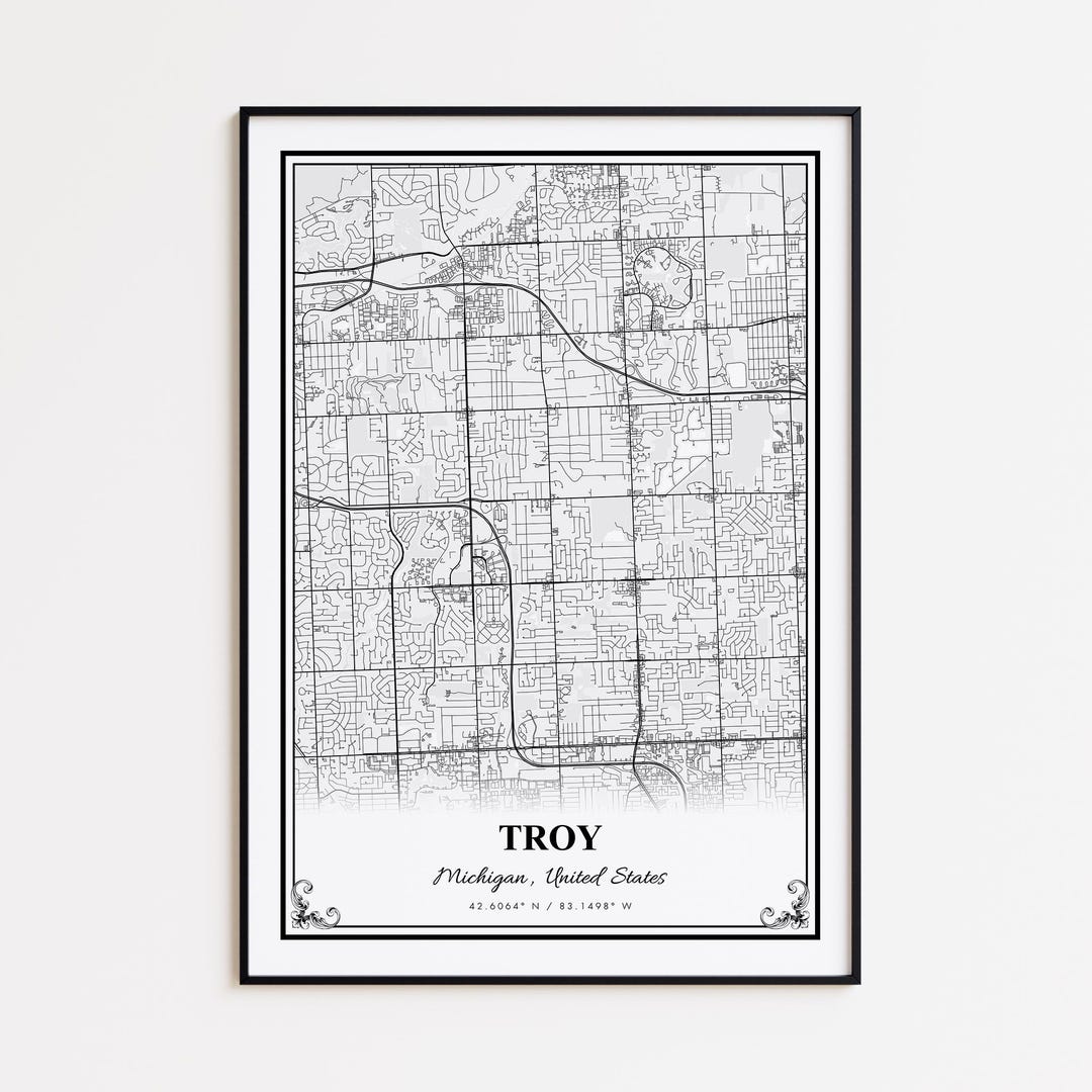 Troy Map Print, Troy Michigan Wall Art Poster, Troy Custom Street Map ...