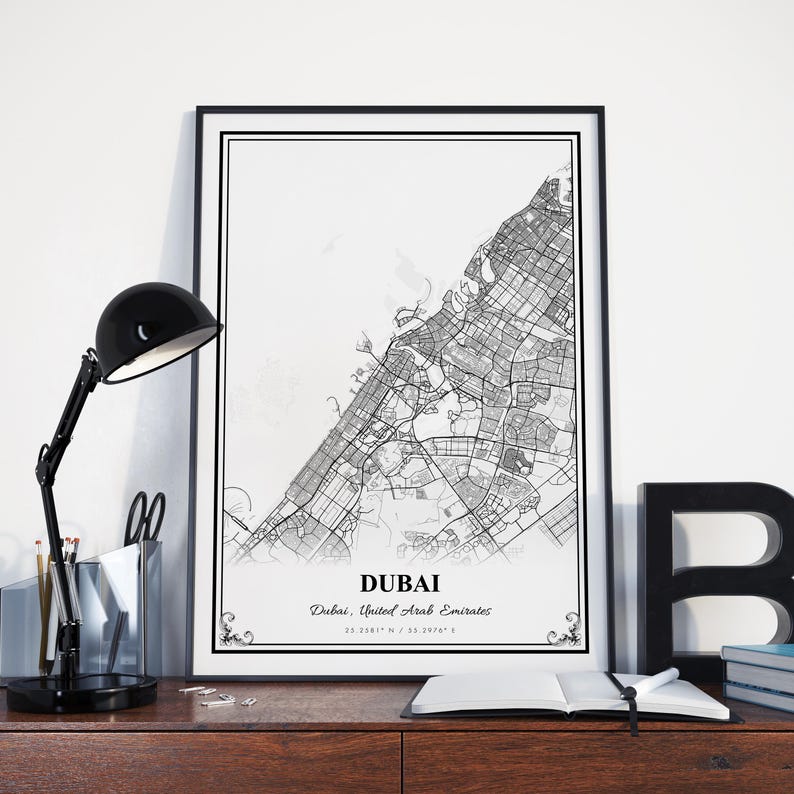 Dubai Map Print, Dubai United Arab Emirates Wall Art Poster, Dubai ...