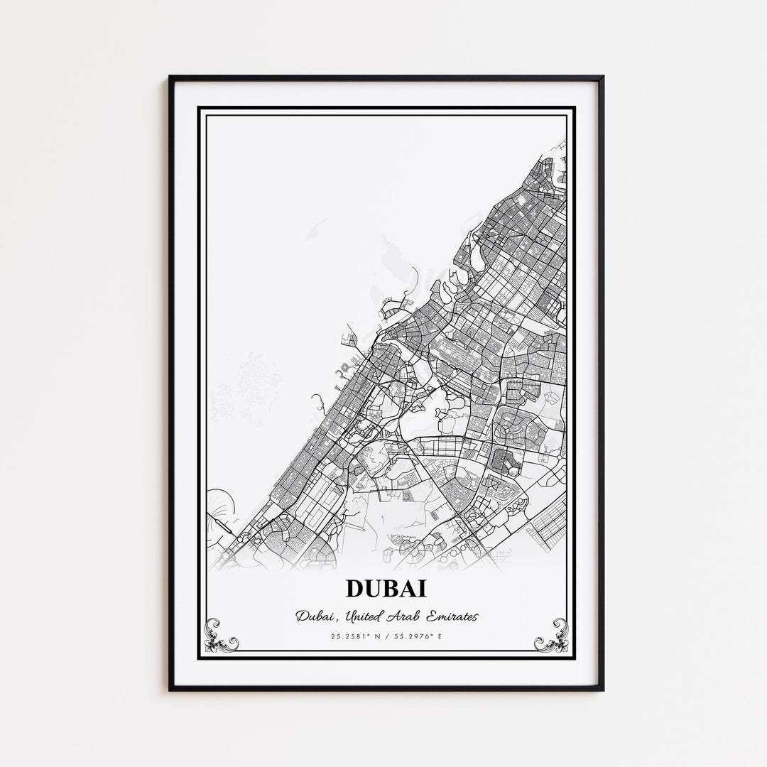 Dubai Map Print, Dubai United Arab Emirates Wall Art Poster, Dubai ...