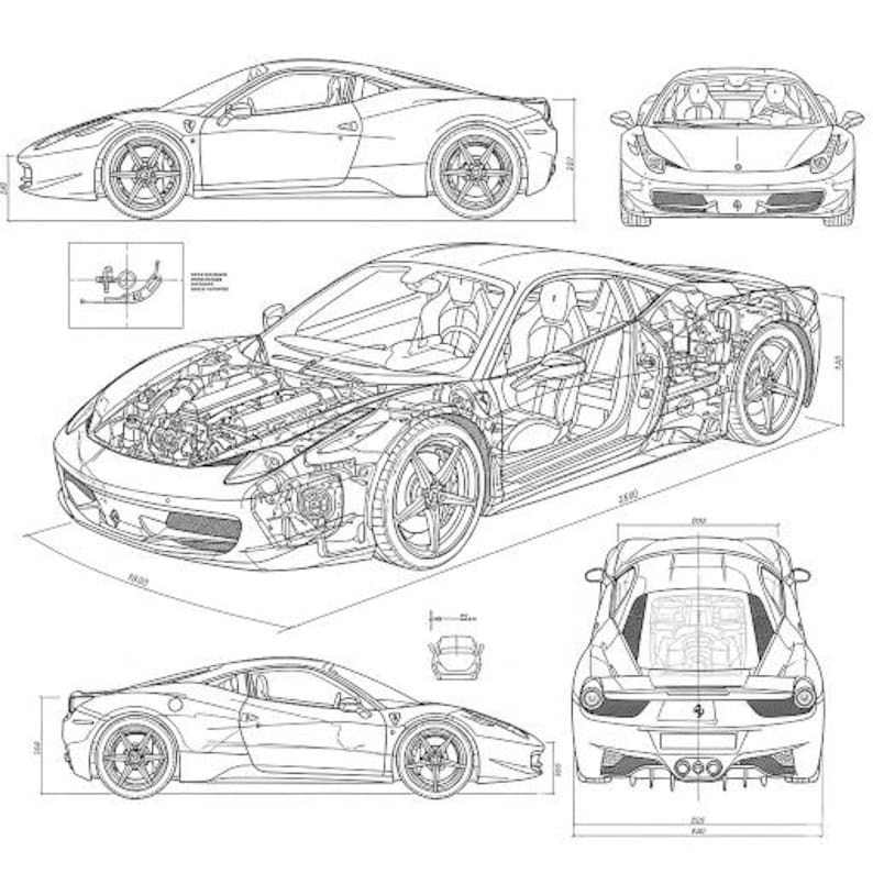 Sports Car Blueprint Art Prints | Automotive Technical Drawings Wall ...