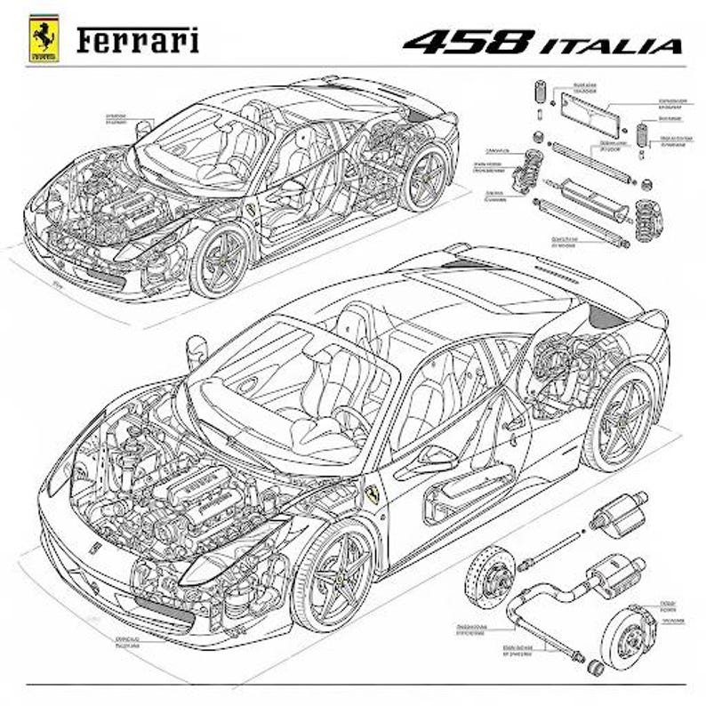 Sports Car Blueprint Art Prints | Automotive Technical Drawings Wall ...