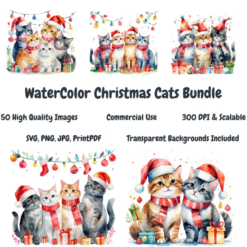 50 Christmas Cats Clip Art, Cute Cats Printable Images, Digital ...