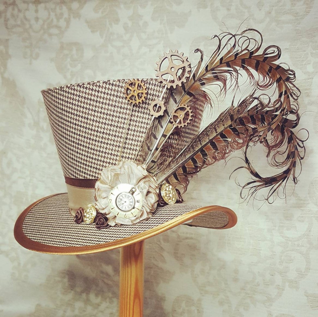 Brown Tweed Midi Top Hat, Percher Hat, Decorated With Cogs and Gears ...