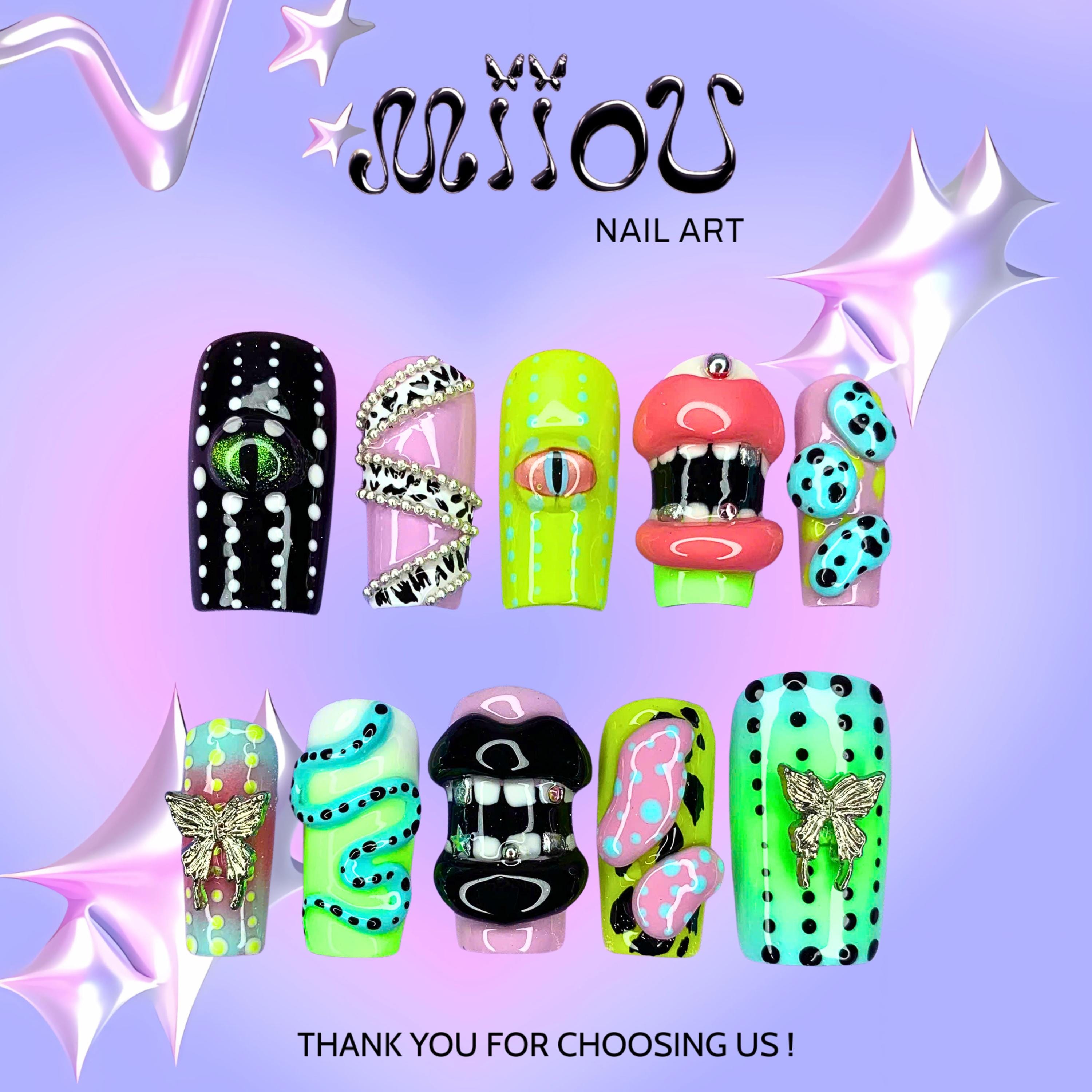 Gothic Girl Press on Nails, 3D Butterfly Nail Art With Creepy Eye Mouth ...