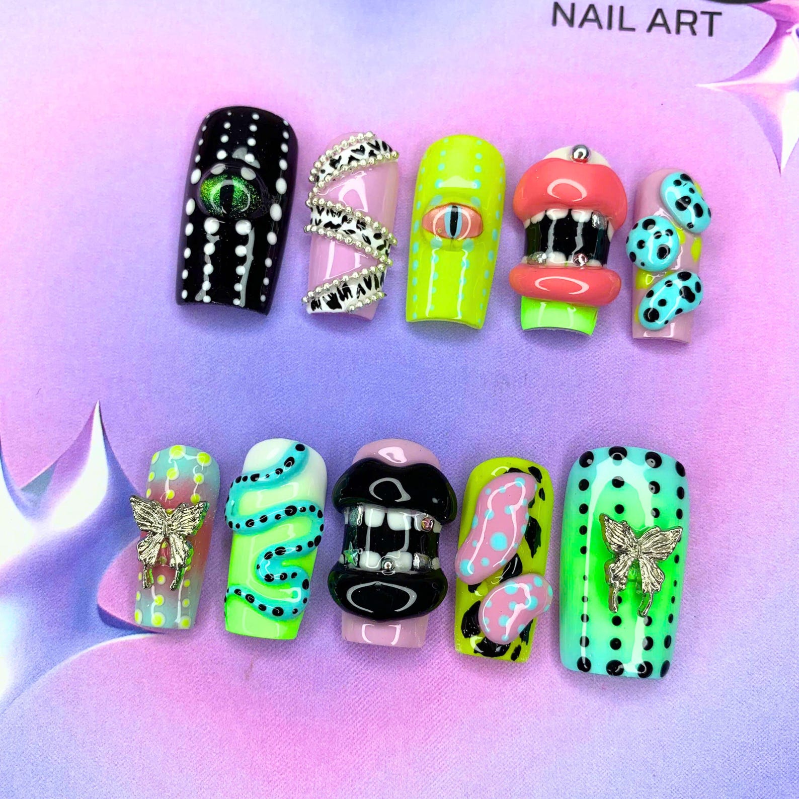 Gothic Girl Press on Nails, 3D Butterfly Nail Art With Creepy Eye Mouth ...