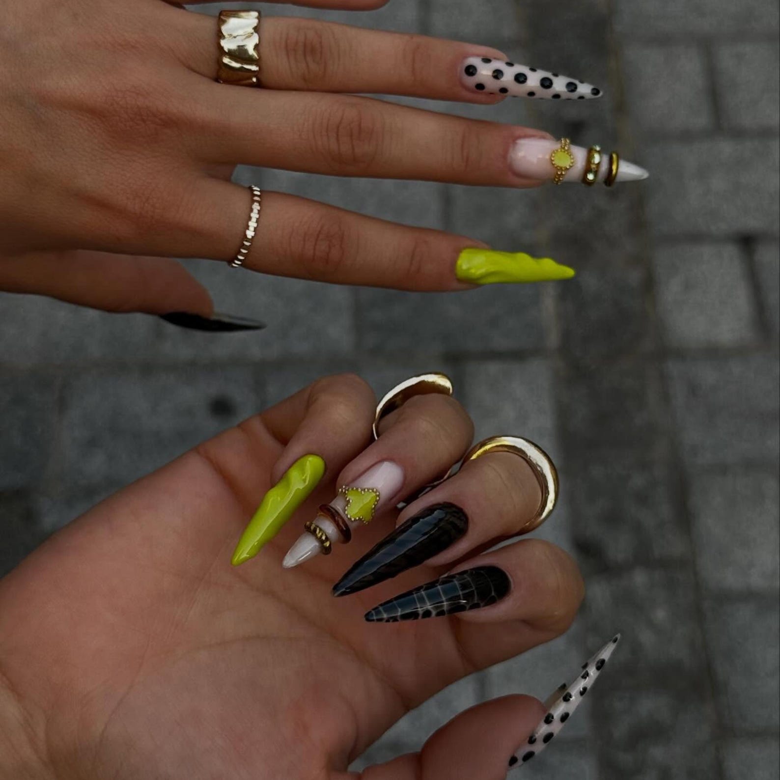 Edgy Neon Press on Nails | Lime Green, Polka Dot Black Grid Nail Art ...