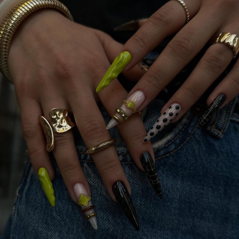 Edgy Neon Press on Nails | Lime Green, Polka Dot Black Grid Nail Art ...