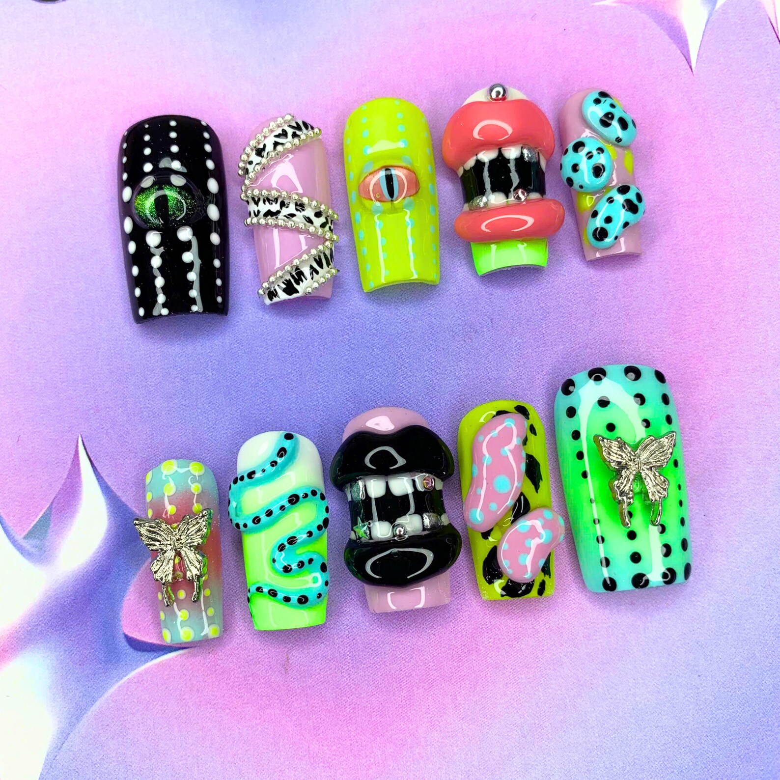 Gothic Girl Press on Nails, 3D Butterfly Nail Art With Creepy Eye Mouth ...