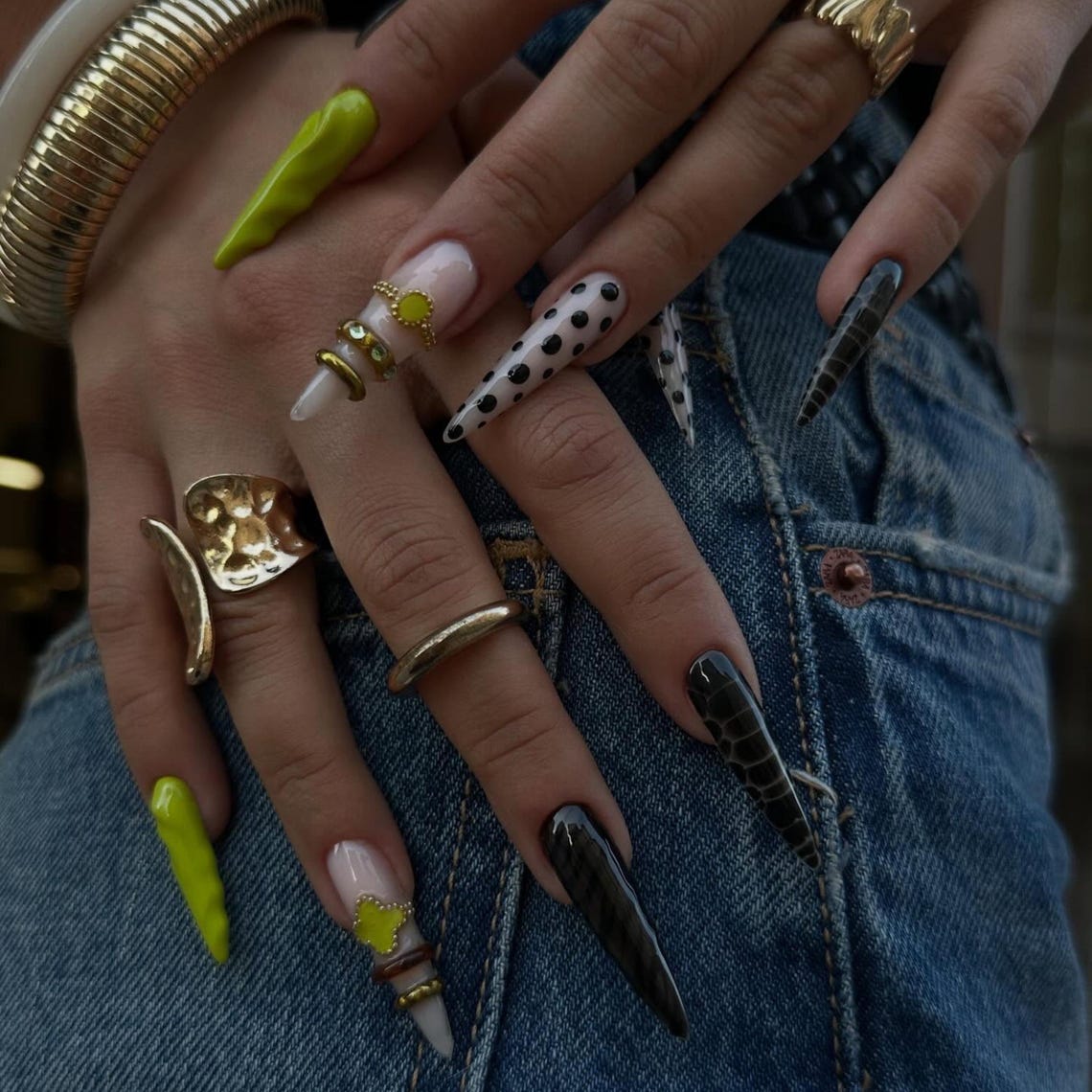 Edgy Neon Press on Nails | Lime Green, Polka Dot Black Grid Nail Art ...