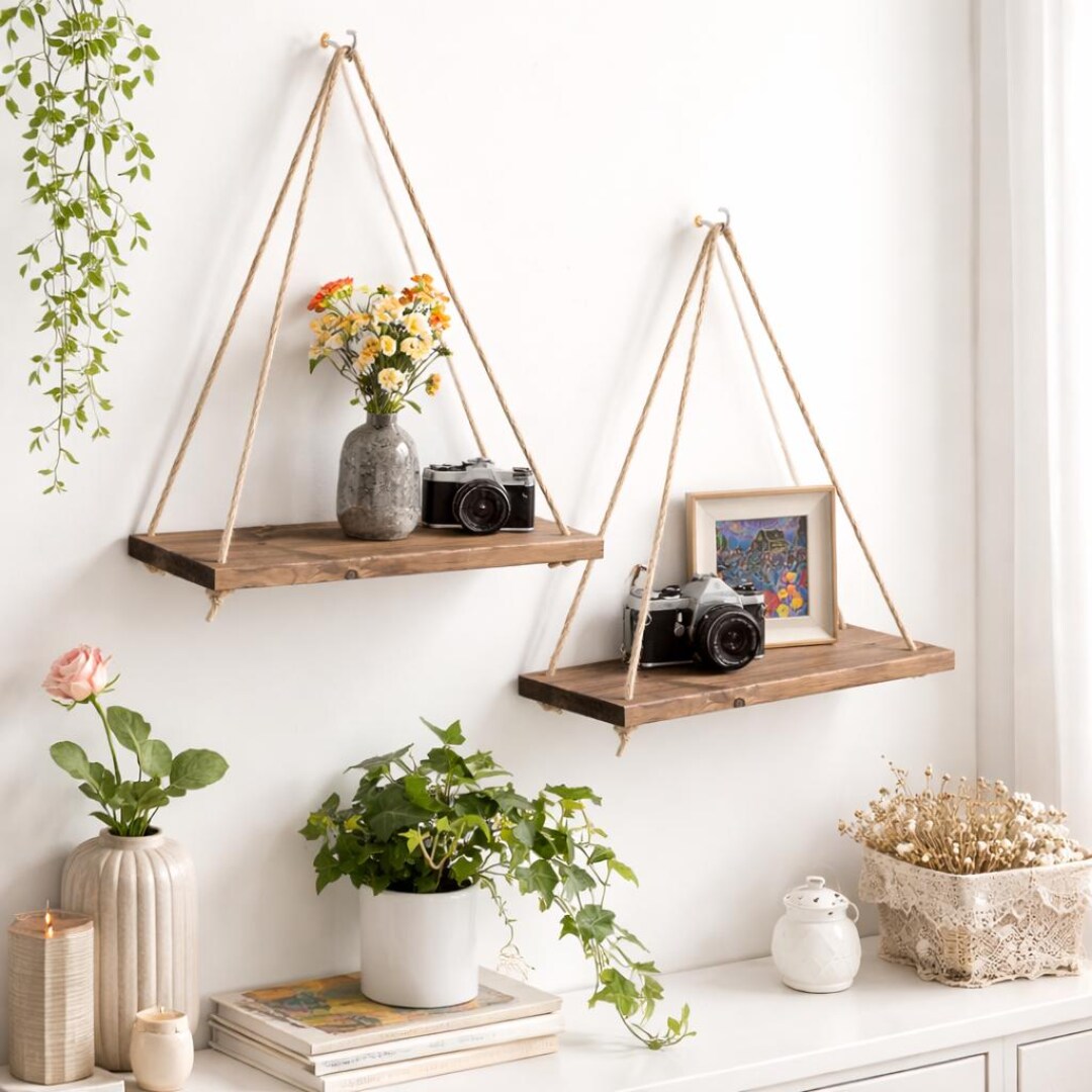Hanging Swing Shelf, Hemp Rope, Floating Wood Wall Decor - Etsy