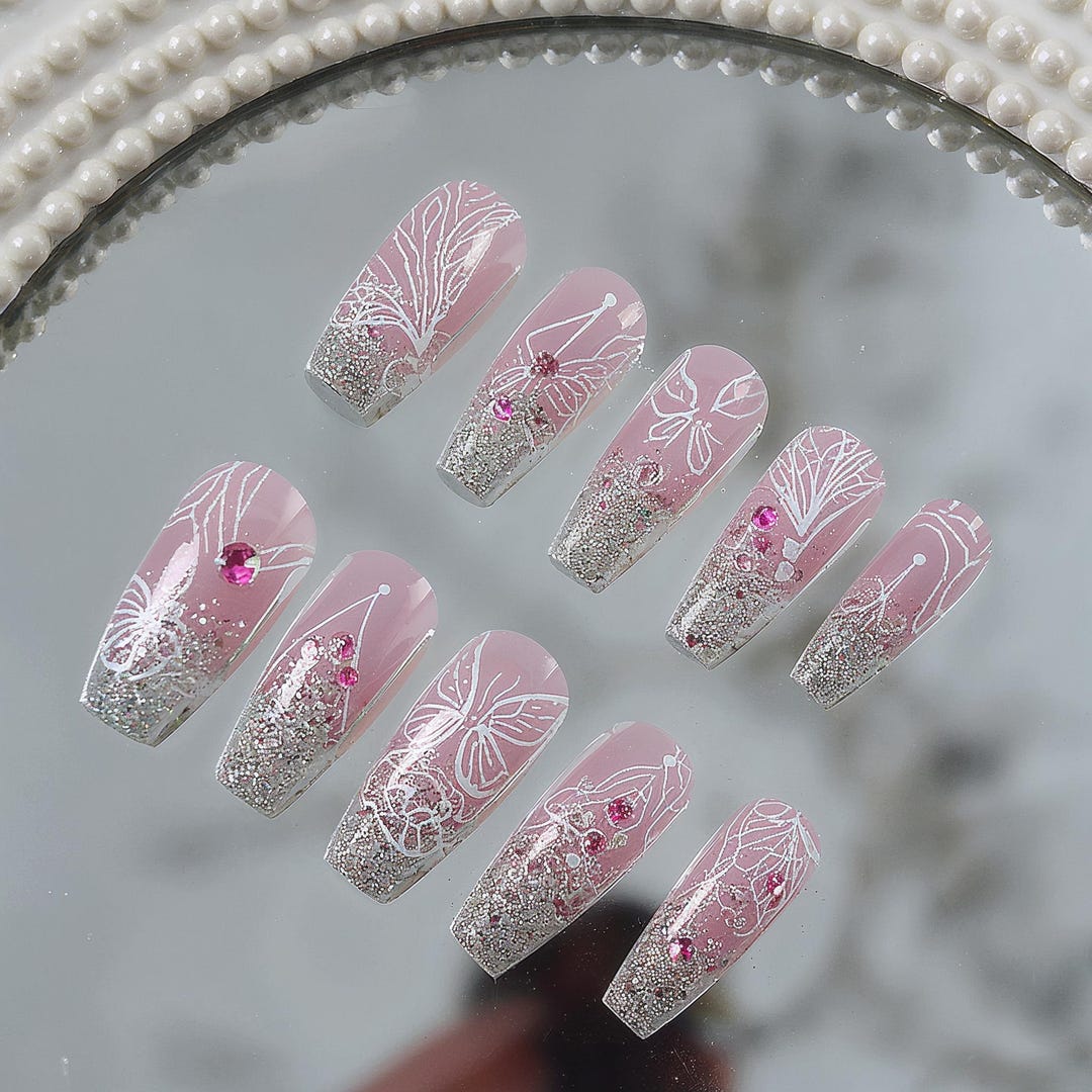 Butterfly Glitter Press on Nails, Silver Pink Sparkle Fake Nails ...